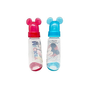 Disney Cudlie Mickey Mouse Baby Boy 2 Pack of 9 Oz Bottles with Removeable Character Molded Lid in Baby Mickey Star Print in Red & Blue