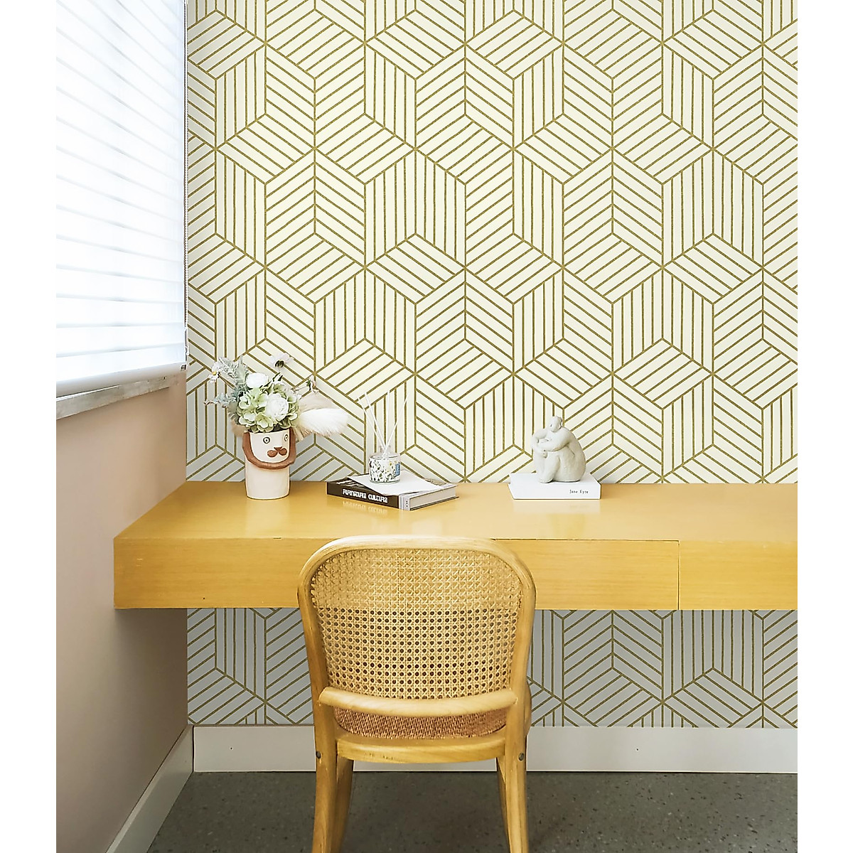 CiCiwind Peel and Stick Wallpaper Gold and Beige Contact Paper Geometric Striped Hexagon Wallpaper Removable Self Adhesive WallPaper Waterproof Vinyl Paper for Cabinets Shelf Drawer 15.7"x78.7"Upgrade
