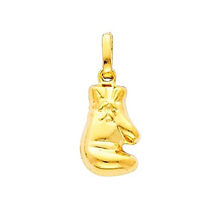 The World Jewelry Center 14k REAL Yellow Gold Boxing Glove Pendant with 1.5mm Flat Open Wheat Chain Necklace - 24"