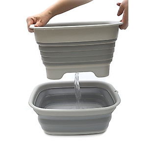 SAMMART 9.1L (2.4Gallon) Collapsible Dishpan with Draining Plug - Foldable Washing Basin - Portable Dish Washing Tub - Space Saving Kitchen Storage Tray (1, Grey)