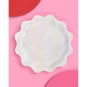 xo, Fetti White Shimmer Wavy Foil Plates - 25 pcs | Bachelorette Decorations, Happy Birthday Party, Baby Shower, Cute Disposable Tableware, 21st Bday Supplies, Bridal Shower, Engagement