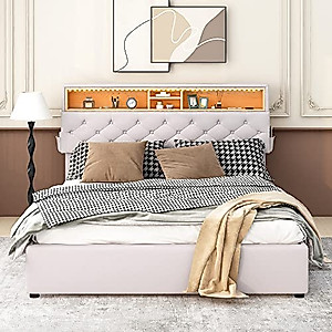 Queen Size Upholstered Platform Bed Frame for Boys Girls Kids Toddler with Storage Headboard, LED, USB Charging and 2 Drawers, Beige