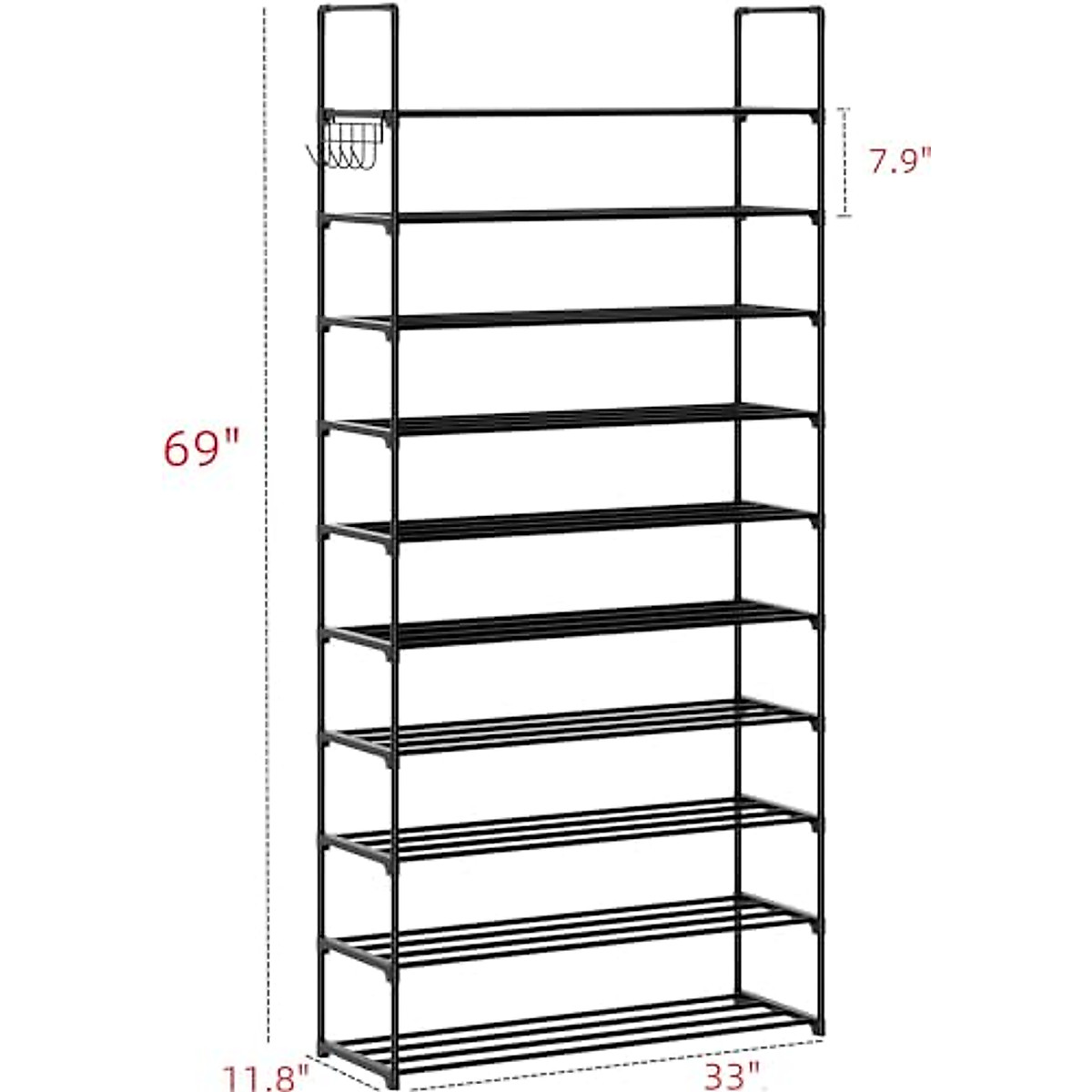 HOMICKER Shoe Rack,10 Tier Shoe Organizer Large Shoe Storage with Hooks,Fit 40-50 Pairs Shoes,Metal Tall Shoe Shelf for Closet,Entryway,Garage,Bedroom