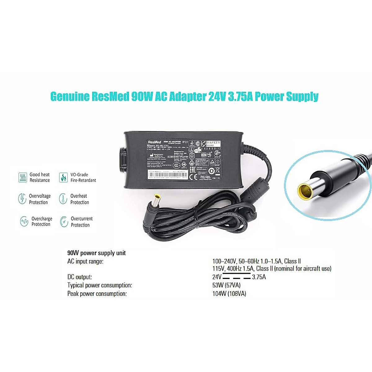 OEM 90W UL Testing Certification 24V 3.75A AC/DC Adapter Compatible with ResMed Airsense 10 Air Sense S10 AirCurve 10 Series CPAP BiPAP Machines Medistrom Pilot-24 Lite Battery Backup Power Supply