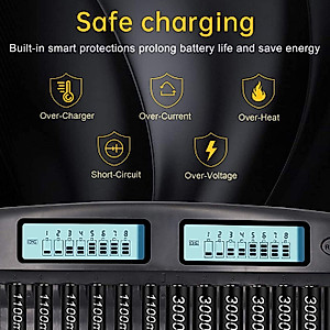 Tenberly 16 Bay Smart LCD Battery Charger for AA AAA 1.2V NIMH NICD Rechargeable Battery with AC Wall Adapter