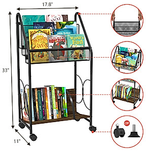 VyGrow Bookshelf, 4-Tier Metal & Wood Rolling Book Cart on Wheels, Record Cabinet for Book Magazine Turntable, Record Holder Up to 100 Albums, Multifunction Utility Cart, Black