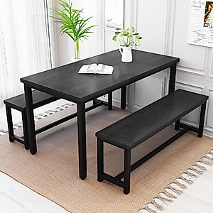 Recaceik 3-Piece Dining Table Set for 4, 43'' Dining Room Table Set with 2 Benches, Space-Saving Dinette Table with Metal Frame & MDF Board, Breakfast Table for Kitchen, Dining Room, Black