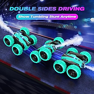 AEROQUEST Remote Control Car - Double Sided RC Stunt Car, 360°Rotating 4WD Off-Road RC Cars with Headlights& Music 2.4Ghz Indoor/Outdoor Rechargeable Toy Car for Boys Age 3-7 8-12 Birthday Xmas Gift