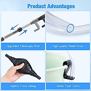 bedee Manual Aquarium Gravel Cleaner, Fish Tank Vacuum Gravel Cleaner, 3 in 1 Aquarium Siphon Vacuum Cleaner Kit for Water Change，Sand Cleaning，Remove Dirt with Adjustable Telescopic Rod