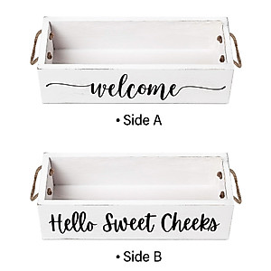 Msyueos Welcome Hello Sweet Cheeks Wooden Storage Box, Toilet Paper Basket, Rustic Bathroom Basket Toilet Basket Tank Topper Toilet Organizer, Home Decor for Livingroom or Kitchen ,White