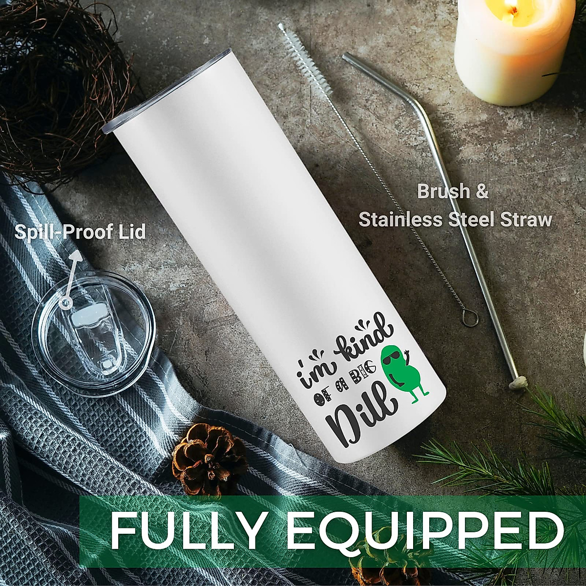 Onebttl Funny Pickle Gifts for Pickle Lovers, I AM KIND OF A BIG DILL, 20 oz Skinny Travel Tumbler with Lid and Straw, Best Gifts for Women/Men on Christmas/Birthday, Gift Box Included