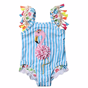 Kids Toddler Baby Girl One Piece Swimsuit Beach Wear Striped Flamingo Tassels Swimwear Bathing Suits 6-12 Months