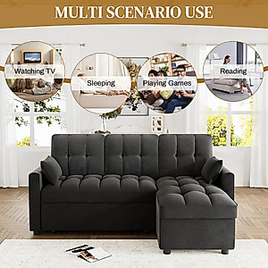 Wrofly 2 in 1 Convertible L-Shaped Sectional Sofa with Pullout Bed, 70.8" Velvet Sleeper Sofa with Reversible Storage Chaise, Modern Pull Out Couch for Living Room Bedroom Small Space, Black