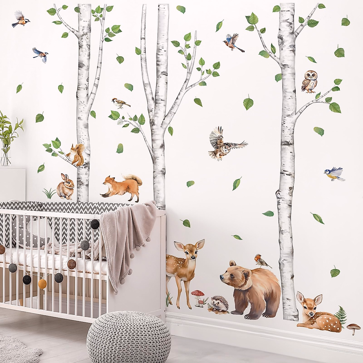 wondever Large Birch Tree Animals Wall Stickers Forest Owl Fox Bear Deer Peel and Stick Wall Art Decals for Baby Nursery Kids Bedroom Living Room