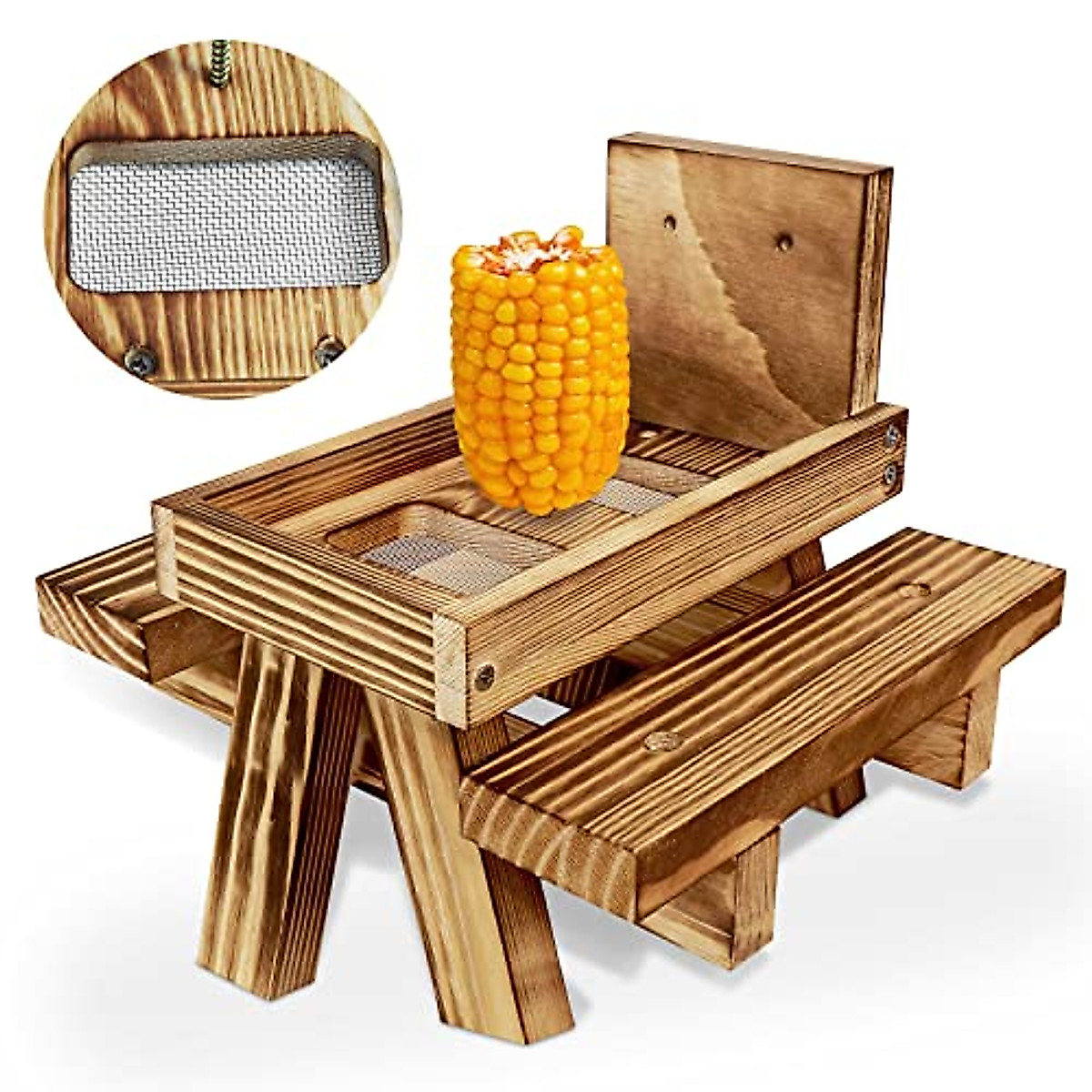 Carbonized Wood Squirrel Feeder, Squirrel Feeders for Outside Durable squrrill Picnic Table with Solid Structure Waterproof Chipmunk Feeder with Corn Cob Holder, Fenced Tabletop for Holding Peanuts