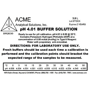 Acme Analytical Solutions pH 4 Buffer Solution, pH Calibration Solution, 4 Gallons, pH Meter Calibration Solution, NIST Traceable Reference Standard, Designed for All pH Meters, 4 x 3.8 L