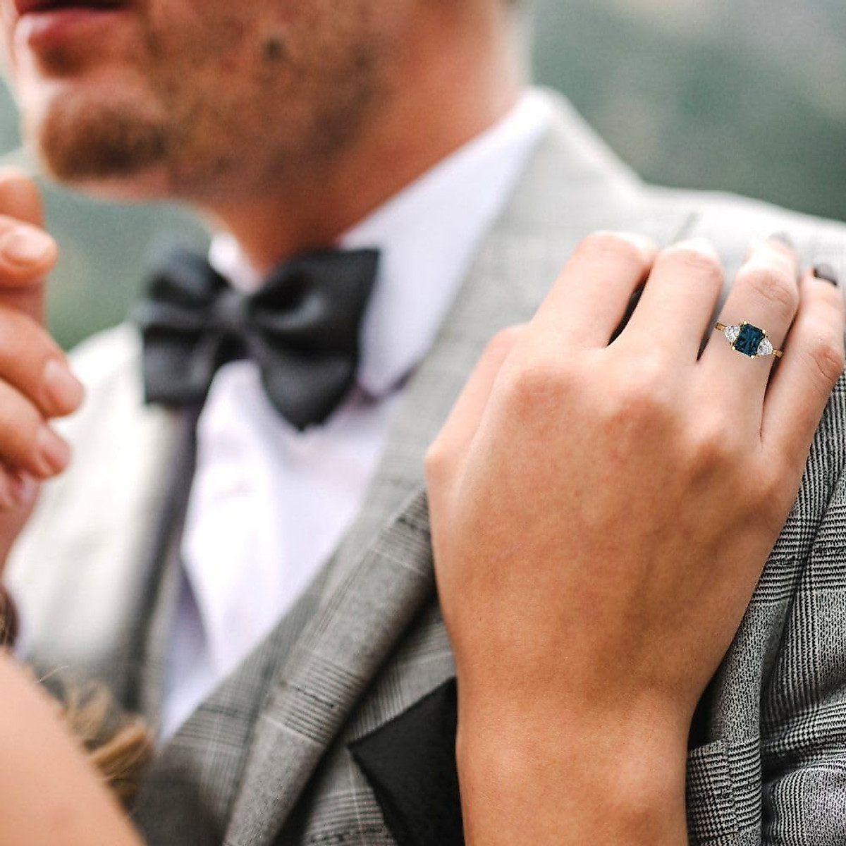 Clara Pucci 2.97ct Emerald Trillion cut 3 stone Solitaire Natural London Blue Topaz gemstone designer Modern Ring 14k Yellow Gold