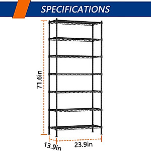 REGILLER 7-Tier Metal Storage Rack Adjustable Shelf,Storage Unit Shelf for Laundry Bathroom Kitchen Pantry Closet(Black,23.9L x 13.9W x 71.6H)