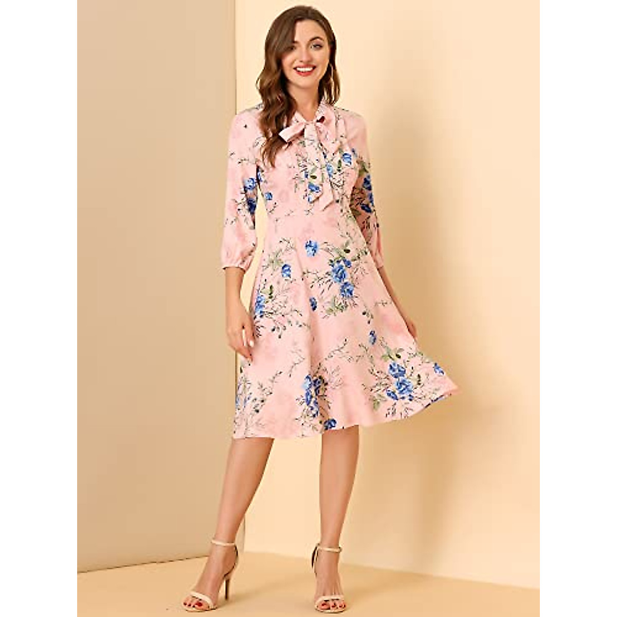 Allegra K Women's Floral Tie Neck 3/4 Sleeve Office Work Midi Flowy Flare Dress Large Pink