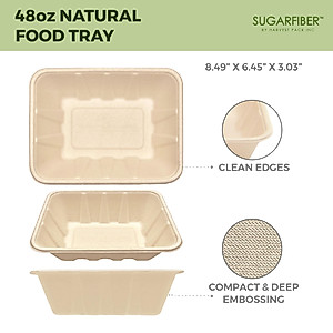 [400 Count] Sugarfiber by Harvest Pack 48 oz Compostable Disposable Food Container Serving Trays, Rectangle, Made from 100% Eco-Friendly Plant Fibers