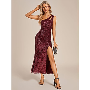 Ever-Pretty Women's Sexy One Shoulder Sleeveless High Slit Bodycon Evening Dresses for Wedding Guest Burgundy US10
