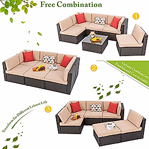Vongrasig 6 Piece Patio Furniture Set, Small Outdoor Sectional Sofa Couch, All Weather PE Wicker L-Shaped Corner Patio Sofa Garden Backyard Patio Conversation Set w/Glass Table (Beige)
