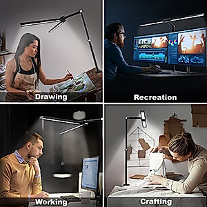 LED Desk Lamp with Clamp, Bravzurg 30.7in 24W Dual Light Source Table Lamps for Home Office with Light Sensor Function, 5 Modes and Dimmable, Eye Protection Clip Light for Study Monitor Studio Reading