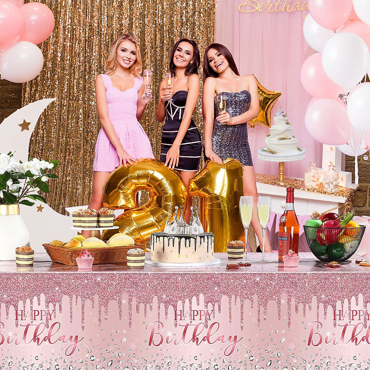 3 Pcs Pink and Rose Gold Tablecloths Glitter Diamond Table Cover PE Girl Party Glitter Table Cloths Sequin Printed Plastic Tablecloths for Girl Women Birthday Wedding Party, 54 x 108 (Happy Birthday)