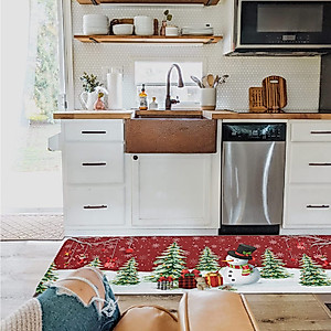 Libaoge Kitchen Mat Rug 1 PCS Christmas Snowman Xmas Tree Gift Winter Snow Red Runner Rug Anti-Fatigue Comfort Memory Foam Standing Mat Non-Slip Floor Door Mat for Bathroom Bedroom 20x63in