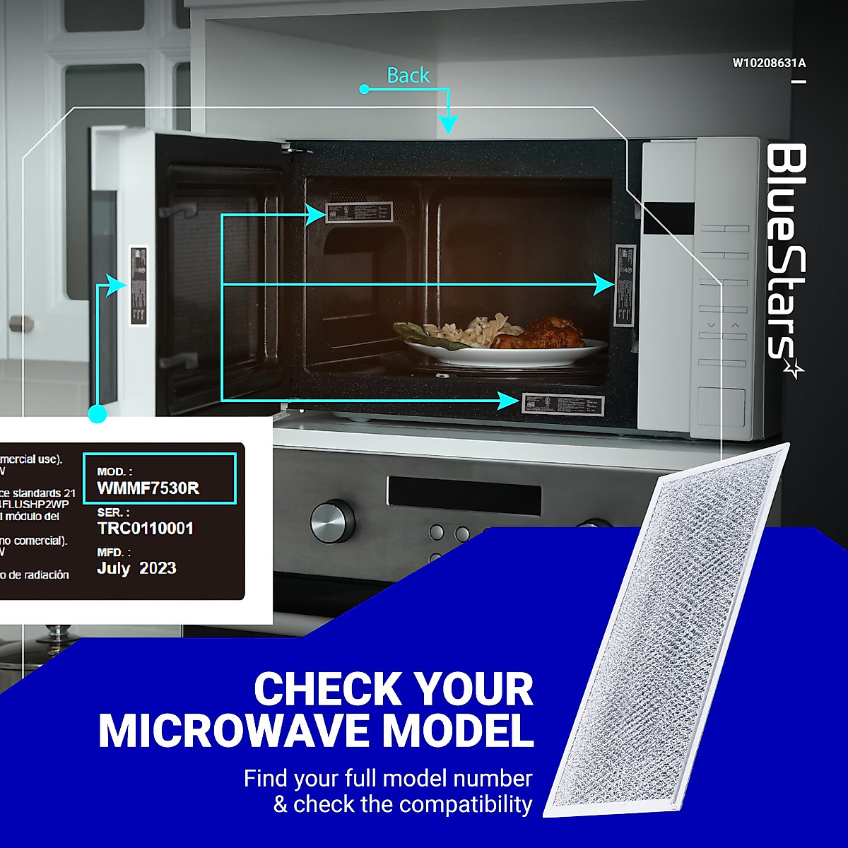 BlueStars 5-Pack W10208631A Microwave Grease Filter Replacement 5.78 x 12.91 Aluminum Mesh Screen Grease Filters - Compatible with Whirlpool G.E Microwaves