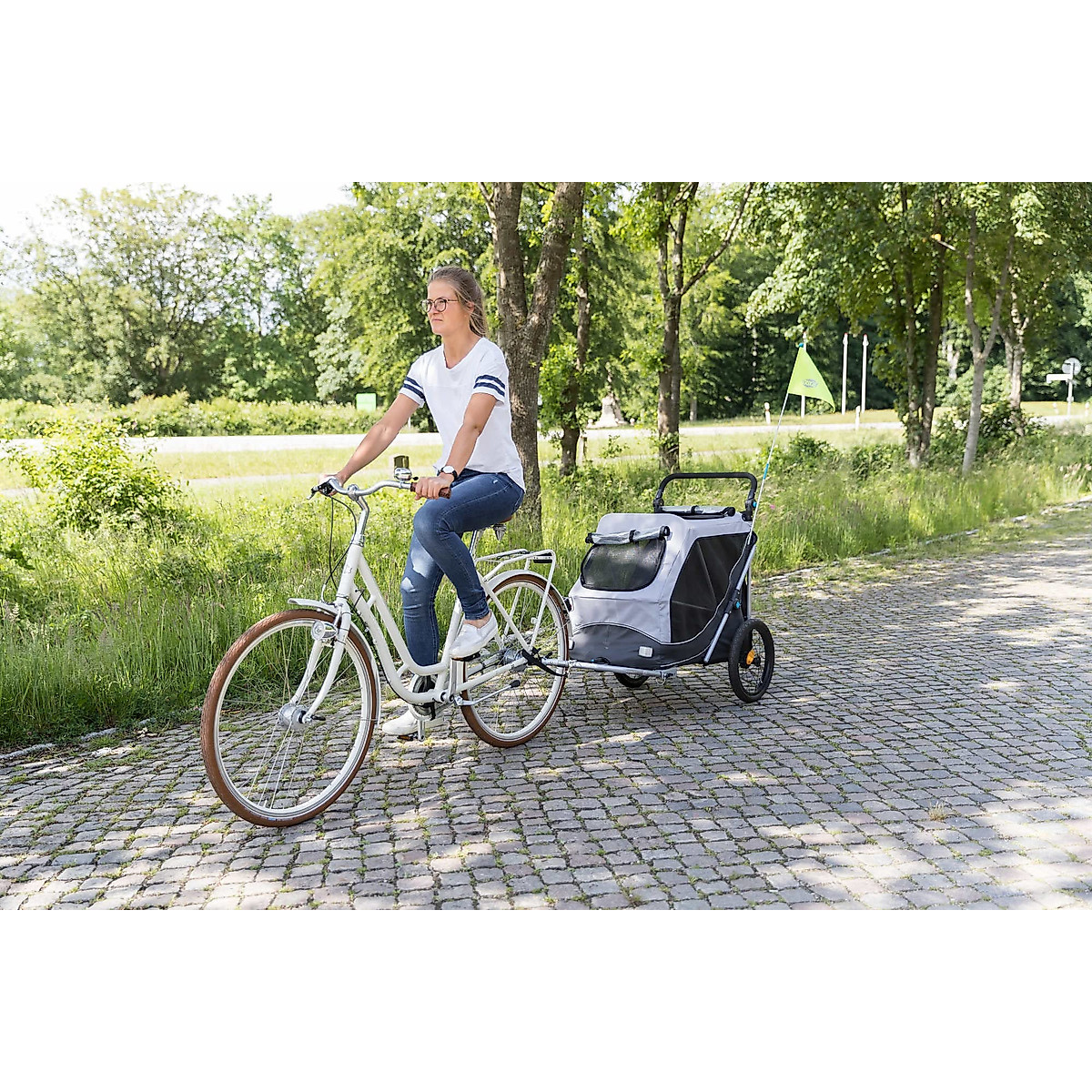 TRIXIE 2-in-1 Dog Bike Trailer and Pet Stroller for Medium Dogs up to 66 lbs, Quick Set-up and Fold Down, Gray
