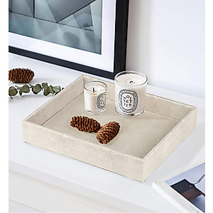 HofferRuffer Elegant Desktop Organizer, Vanity Tray, Bathroom Storage Tray Holder, Dresser Jewelry Tray, Change Coin Key Watch Catchall Tray, 10.2 x 8.4 x 1.8 inches (Light Grey Faux Leather Shagreen)