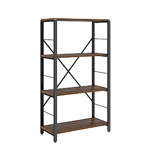 FOLUBAN Modern Bookshelf, 4 Tier Open Display Storage Book Shelf Organizer, Industrial Metal and Wood Bookshelves and Bookcases for Living Room Bedroom Office, Rustic Walnut