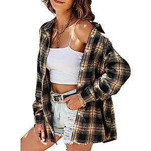Korebow Oversized Flannels Plaid Shirts for Women Buffalo Plaid Long Sleeve Button Down Shirts Blouse Tops(0028-Khaki-S)