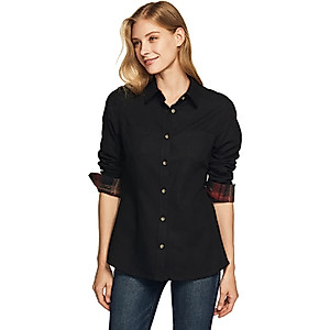 CQR Women's Plaid Flannel Shirt Long Sleeve, All-Cotton Soft Brushed Casual Button Down Shirts, Flannel Plaid Shirts Solid Black, Large