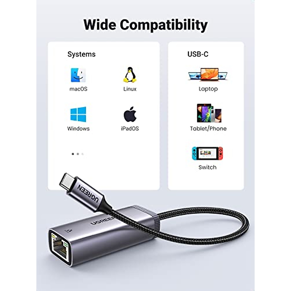 UGREEN USB C to Ethernet Adapter Type C Thunderbolt 3 to RJ45 Gigabit LAN Network Adapter Compatible with MacBook Pro, MacBook Air, Mac Mini, iPad Pro, Surface Book, Dell XPS, Chromebook, and More