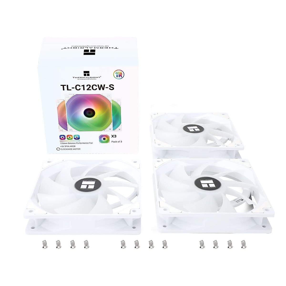 Thermalright TL-C12CW-S X3 CPU Fan 120mm White ARGB Case Cooler, 4pin PWM Silent Computer Cooling Fan with S-FDB Bearing Included, up to 1550RPM（3 Quantities）