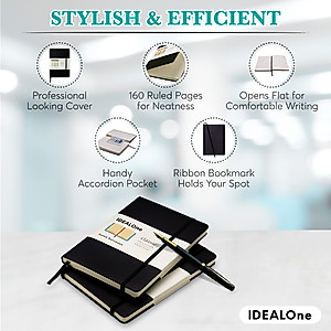 IDEALOne Journal Notebook Lined Classic Hardcover – For Work, Home, School, 5.7 x 8 inches, 160 pages, 100GSM Thick Paper, with Elastic Band Closure and Ribbon Bookmark, Black