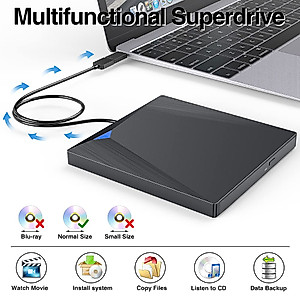 VersionTECH. External CD DVD Drive USB 3.0 Type-C, Portable USB C Superdrive Burner Player Writer CD DVD +/- RW, Compatible for Windows 10 8 7 XP Vista Mac OS Linux for Mac Pro Air iMac Laptop