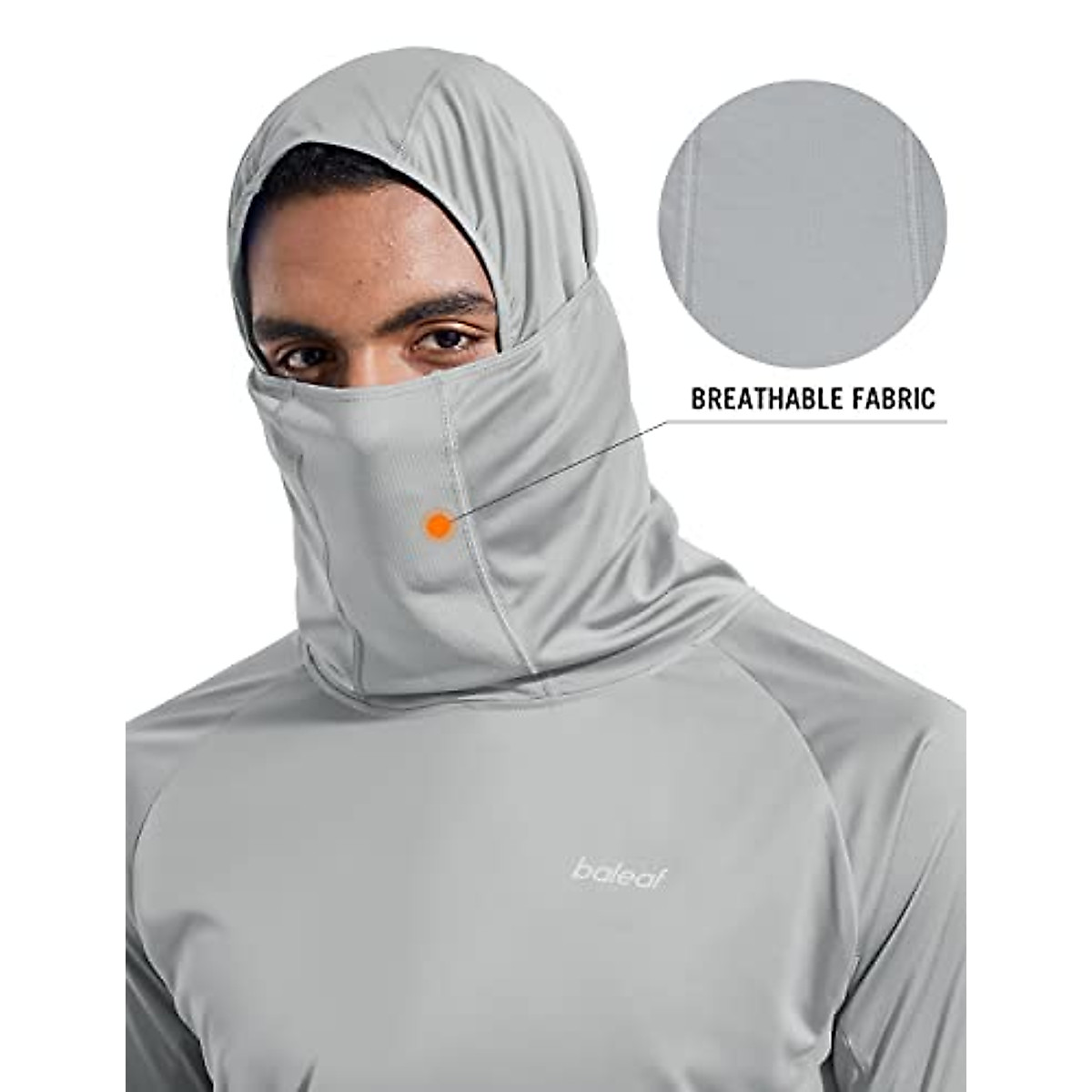 BALEAF Mens Sun Protection Hoodie Shirt, UPF 50+ UV SPF T-Shirts with Mask Rash Guard Fishing Lightweight, 01-Gray, Large, Long Sleeve