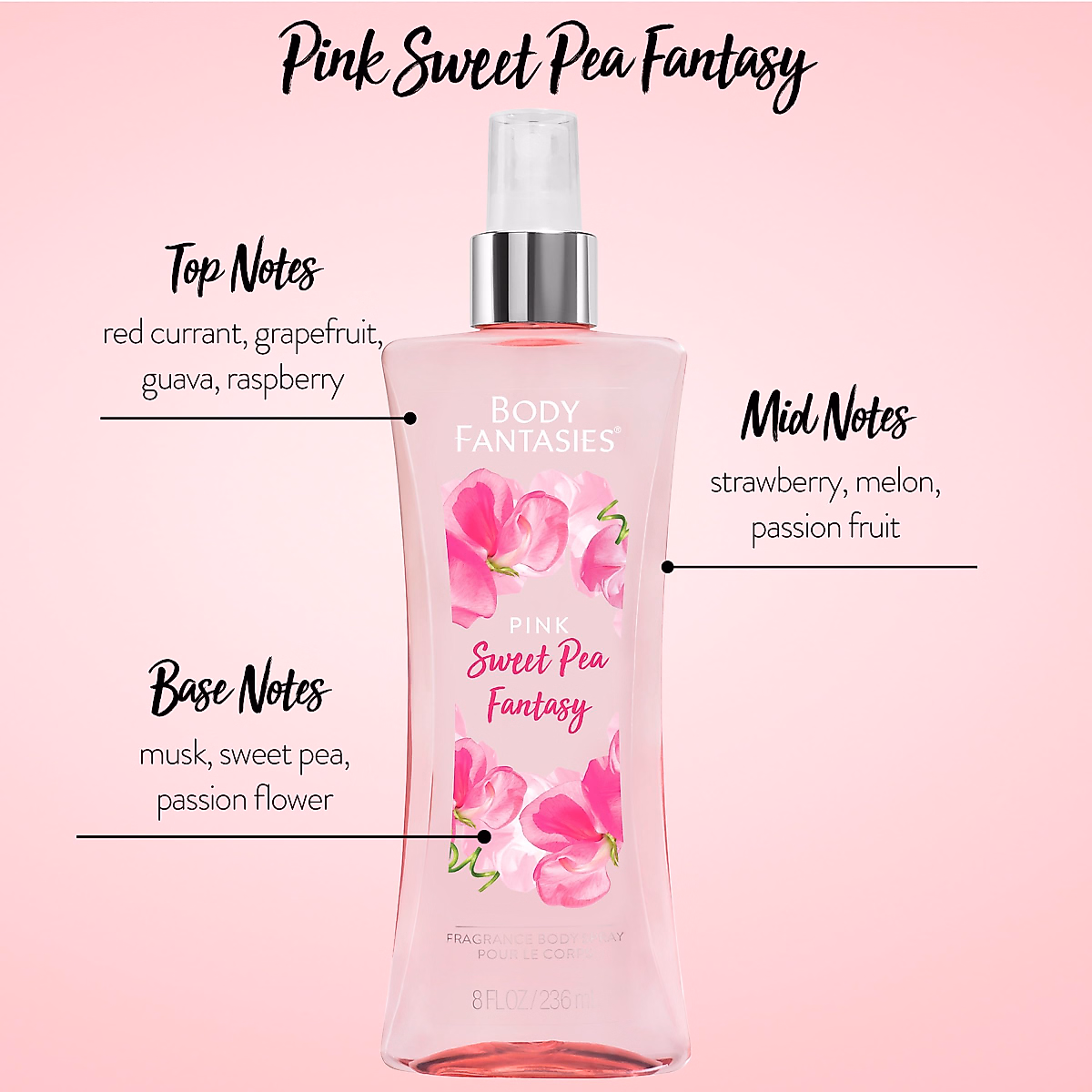 Body Fantasies Signature Fragrance Body Spray, Pink Sweet Pea Fantasy, 8 fl oz