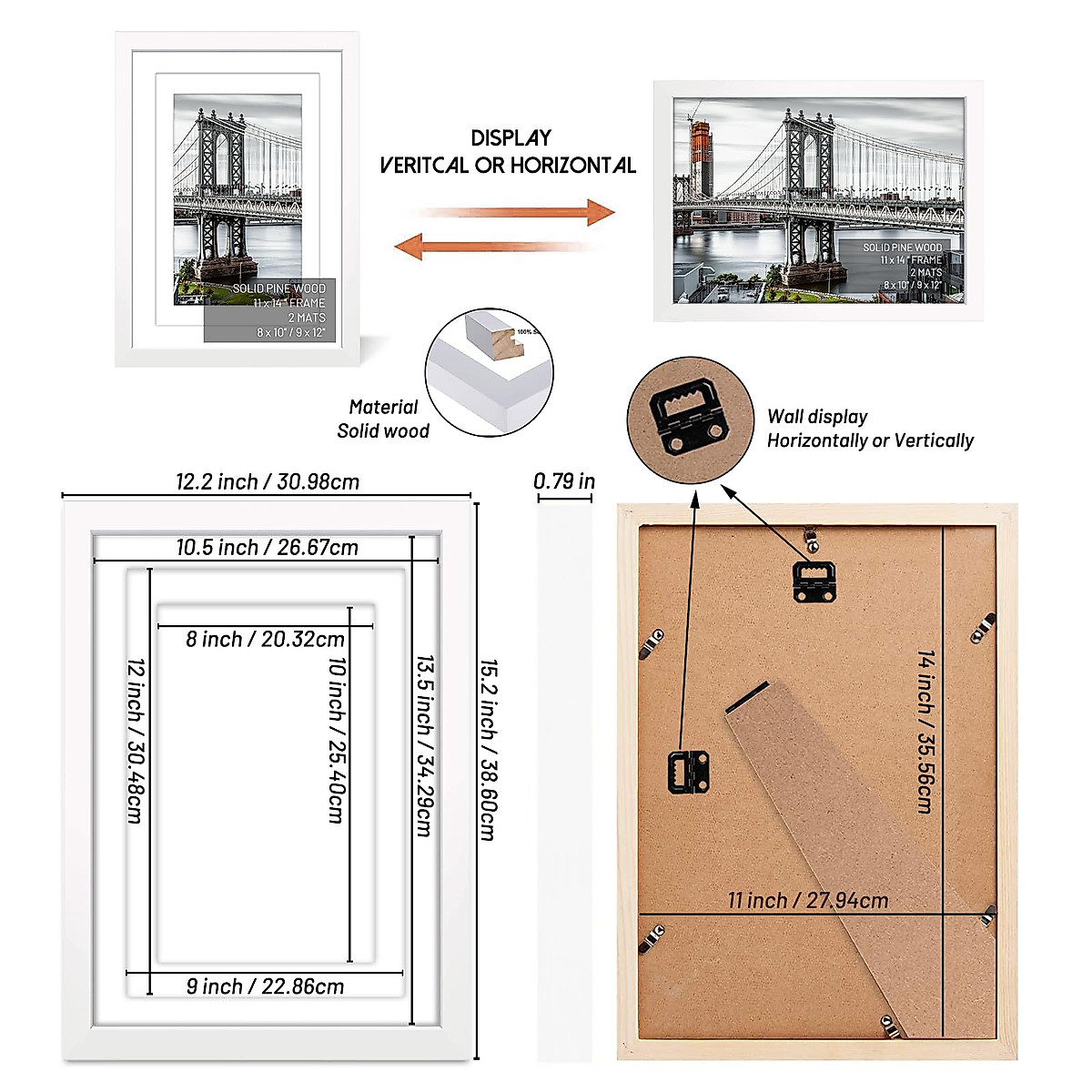 UHFWIFR 11x14 Picture Frames Solid Wood Display Pictures 9x12 or 8x10 with Mat or 11x14 Frame without Mat Poster Photo Frame Art with 2 Mats for Wall Mounting or Table Top(White)