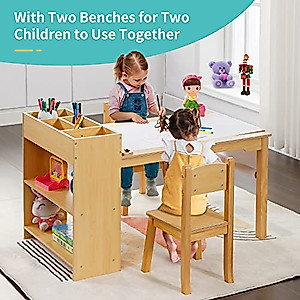 Kids Art Table, Wooden Kids Craft Table for Playroom, Kids Activity Table with 2 Chairs, 4 Storage Baskets, 2 Rows of Storage Racks and Paper Rolls (Wood)