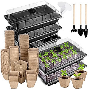 Hahood 6 Pack Seed Starter Tray Kit with 120 Square Peat Pots for Seedlings, Including Plants Labels, Planting Tools, Growing Trays Plastic Germination Tray Paper Starter Pods for Plant Seeds, Black