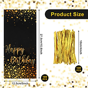 100 Pcs Black Gold Party Favor Gift Bags Plastic Party Treat Bags Foil Dot Candy Goodie Treat Bags with 100 Gold Twist Ties for Kids Birthday Party Supplies