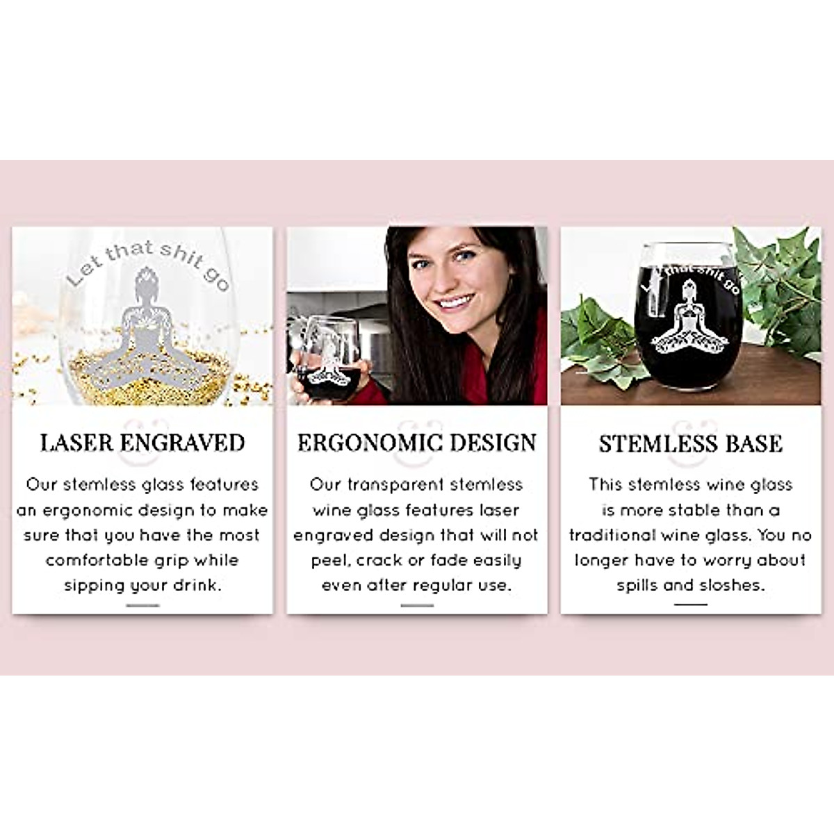 C & M Personal Gifts Buddha Engraved Stemless Wine Glass (Pack of 1) –Yoga Wine Glass, Let that Sh** Go Funny Glass, 17 Oz Glass Gift for Him or Her, Made in USA