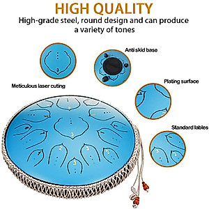 Steel Tongue Drum - 15 Note 14 Inch Tongue Drum - Tongue Drum Instrument - Hand Pan Drums with Music Book, Steel Handpan Drum Mallets and Carry Bag, D Major
