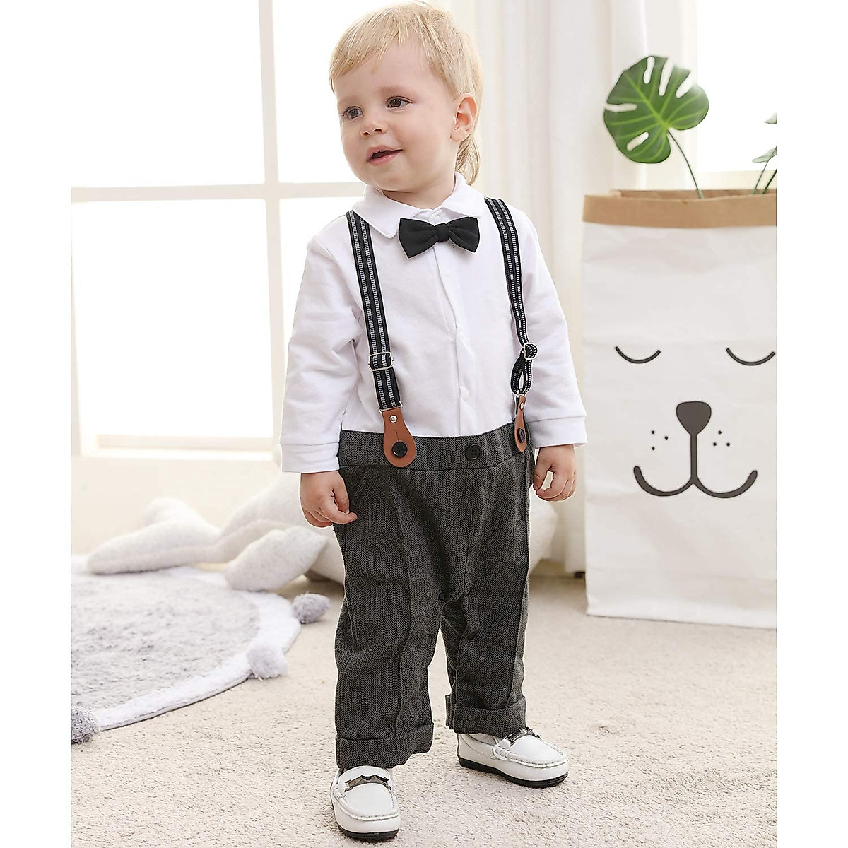 WESIDOM Baby Boy Suit Outfits Set 3pcs,Infant Tuxedo Long Sleeve Gentleman Wedding Jumpsuit & Vest Coat & Beret Hat