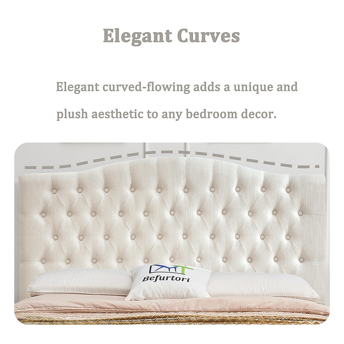 Befurtori Linen Upholstered Queen/Full Headboard, Tufted Button Headboard for Queen/Full Bed, Curved Integrated Design with Tufted Solid Wood Head Board and Luxury Soft Padded, Ivory