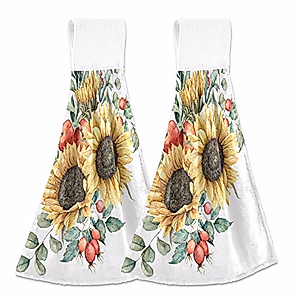 Aslsiy Summer Sunflowers Hanging Kitchen Towels Hand Tie Towel Fast Drying Dish Towel Tea Towels for Kicthen Bath Tabletop Gym Home Decor Set of 2